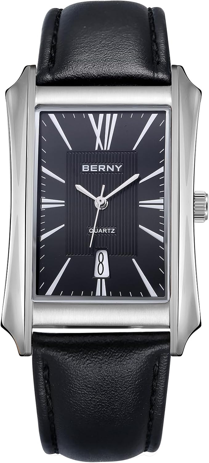 Amazon | BERNY 腕時計メンズ メンズ腕時計 メンズウォッチ メンズ ビジネス カジュアル クォーツ時計 ステンレススチールケース レザーストラップ付き 長方形時計 男性用 | 腕 ...