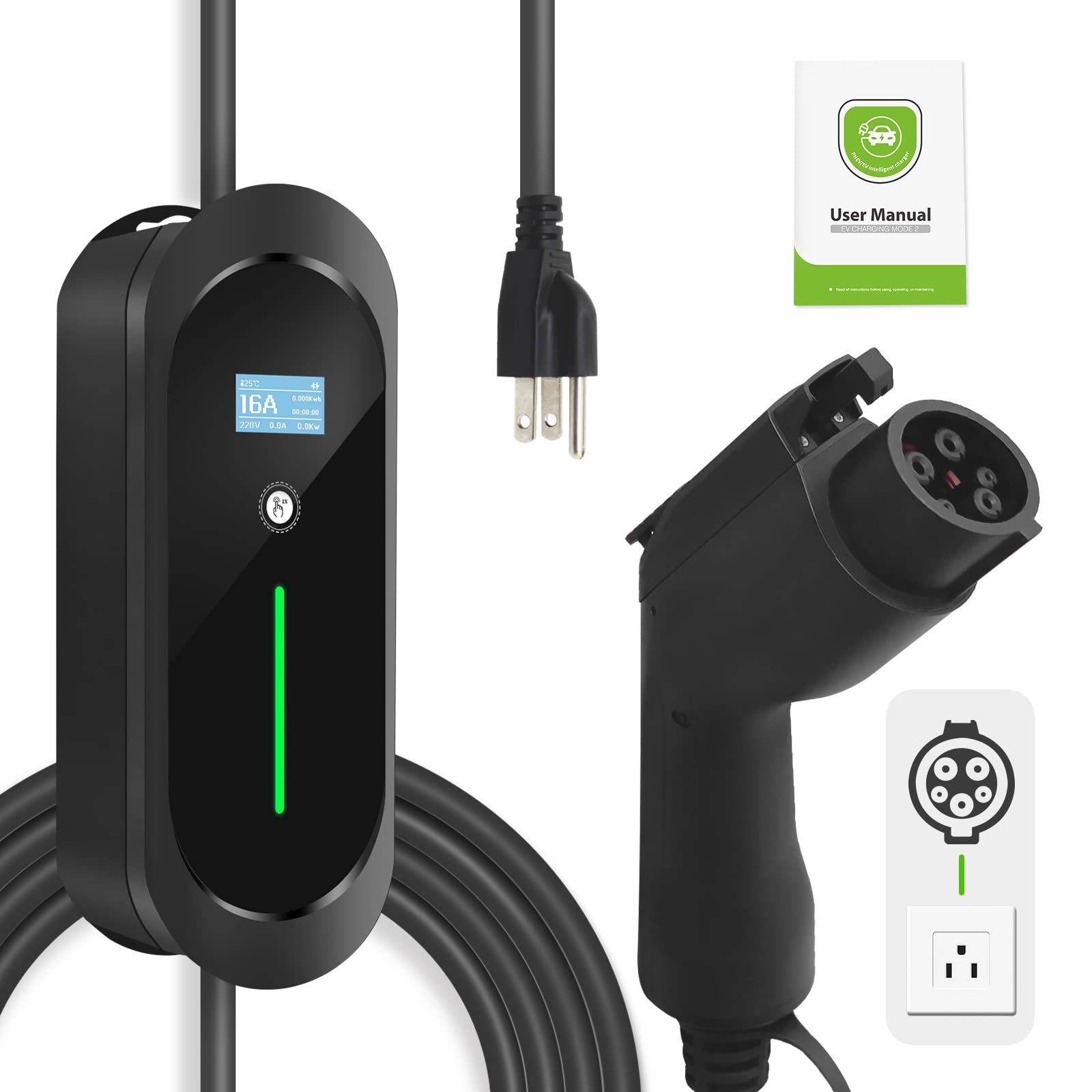 Buy Level 1 EV Charger 16A 25FT 110V Portable EVSE NEMA 5-15 Plug ...
