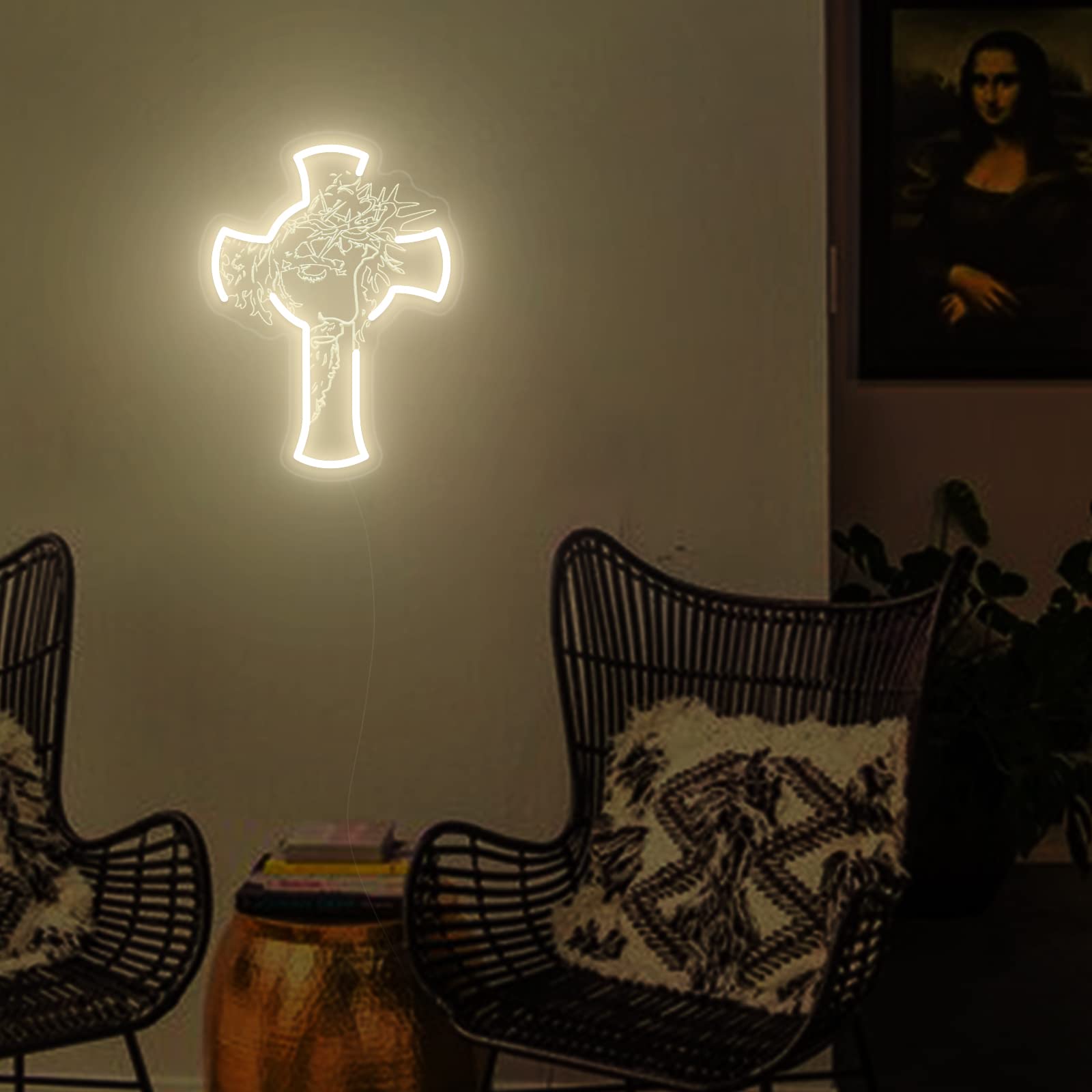 Amazon.com : Cross Neon Sign 15"x11" Jesus Face LED Neon Wall Light for ...