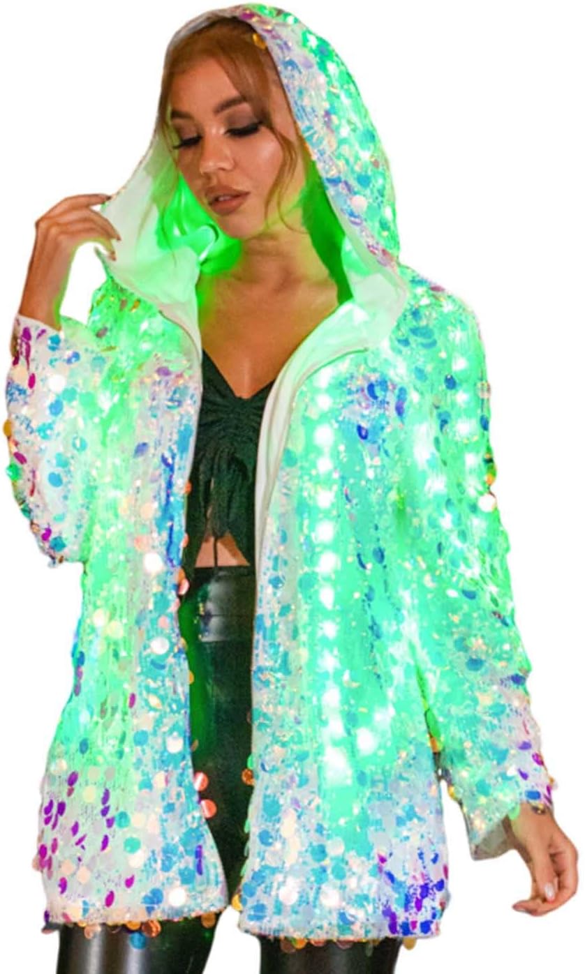 DRESBE Women's Light Up Sequin Jacket with Charging Cable Remote LED ...