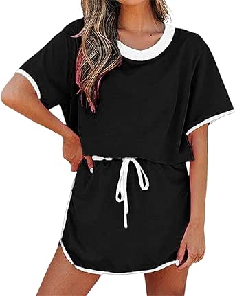 Amazon.com: Two Piece Skirt Sets for Women Color Block Short Sleeve Top ...