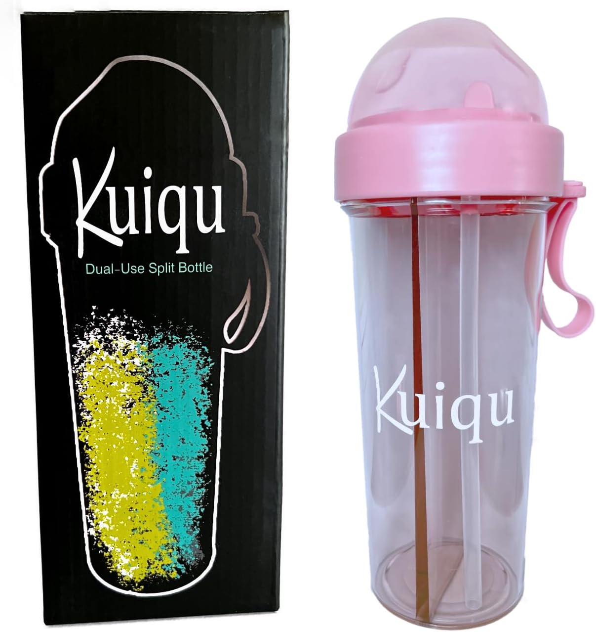 Amazon.com: Kuiqu 600ml Split Bottle with 2 Straws, Two Drinks in One ...