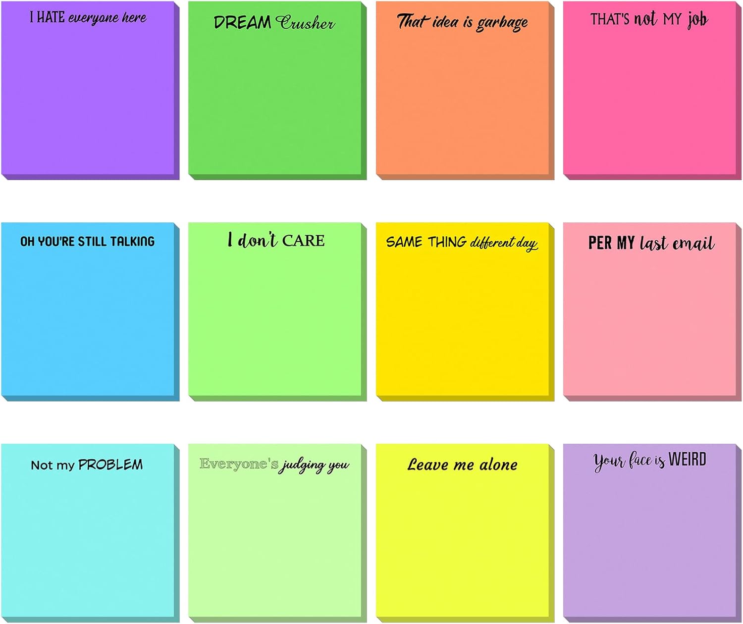 12 Pcs Snarky Office Sticky Notes Funny Note Pads Work Sucks ...