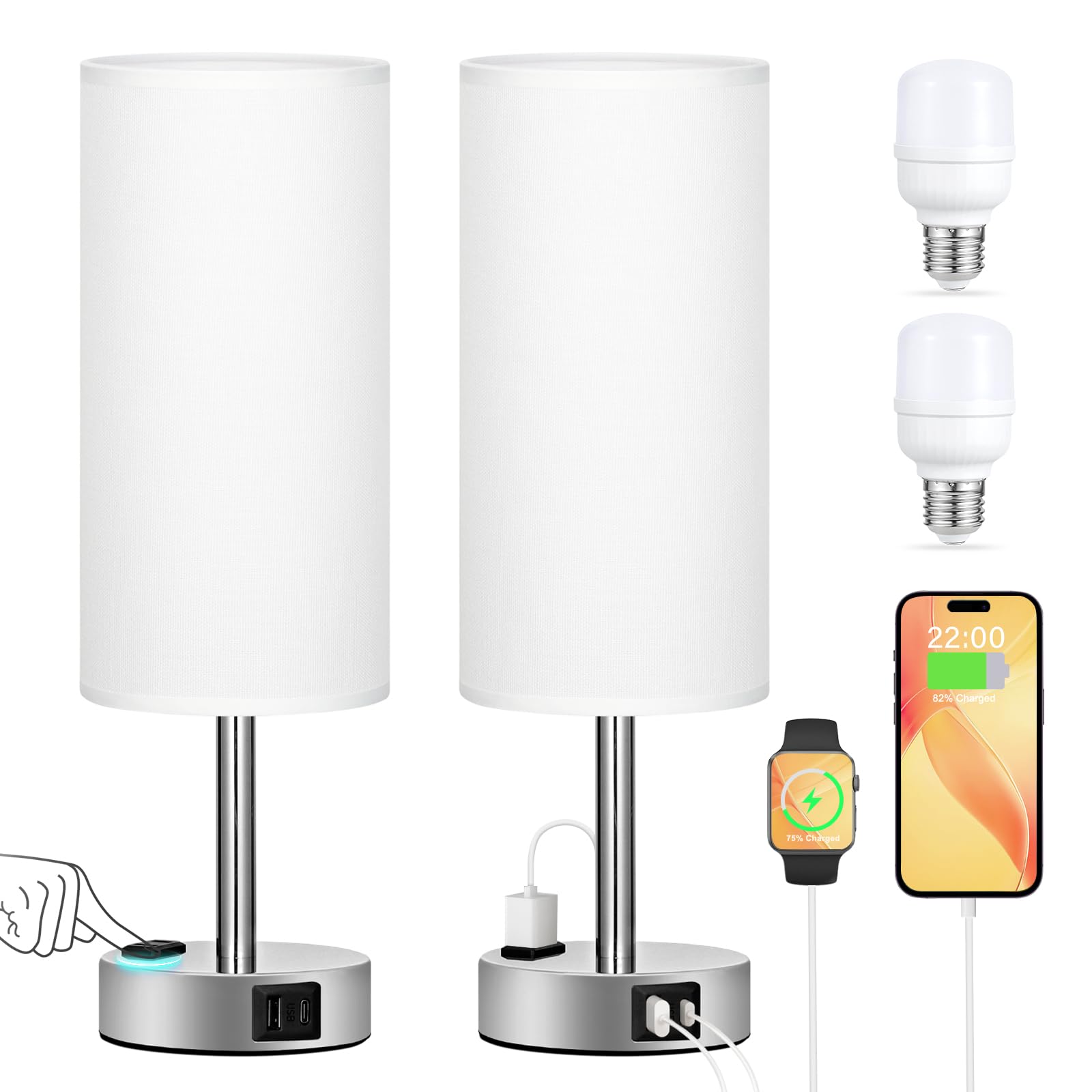 White Touch Nightstand Lamps Set - 3 Way Dimmable Bedside Table Lamps ...