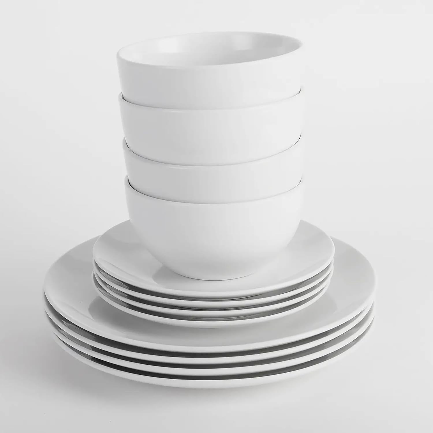 12PC Dinnerware Porcelain White Set: 4 Dinner Plates, 4 Side Plates & 4 ...