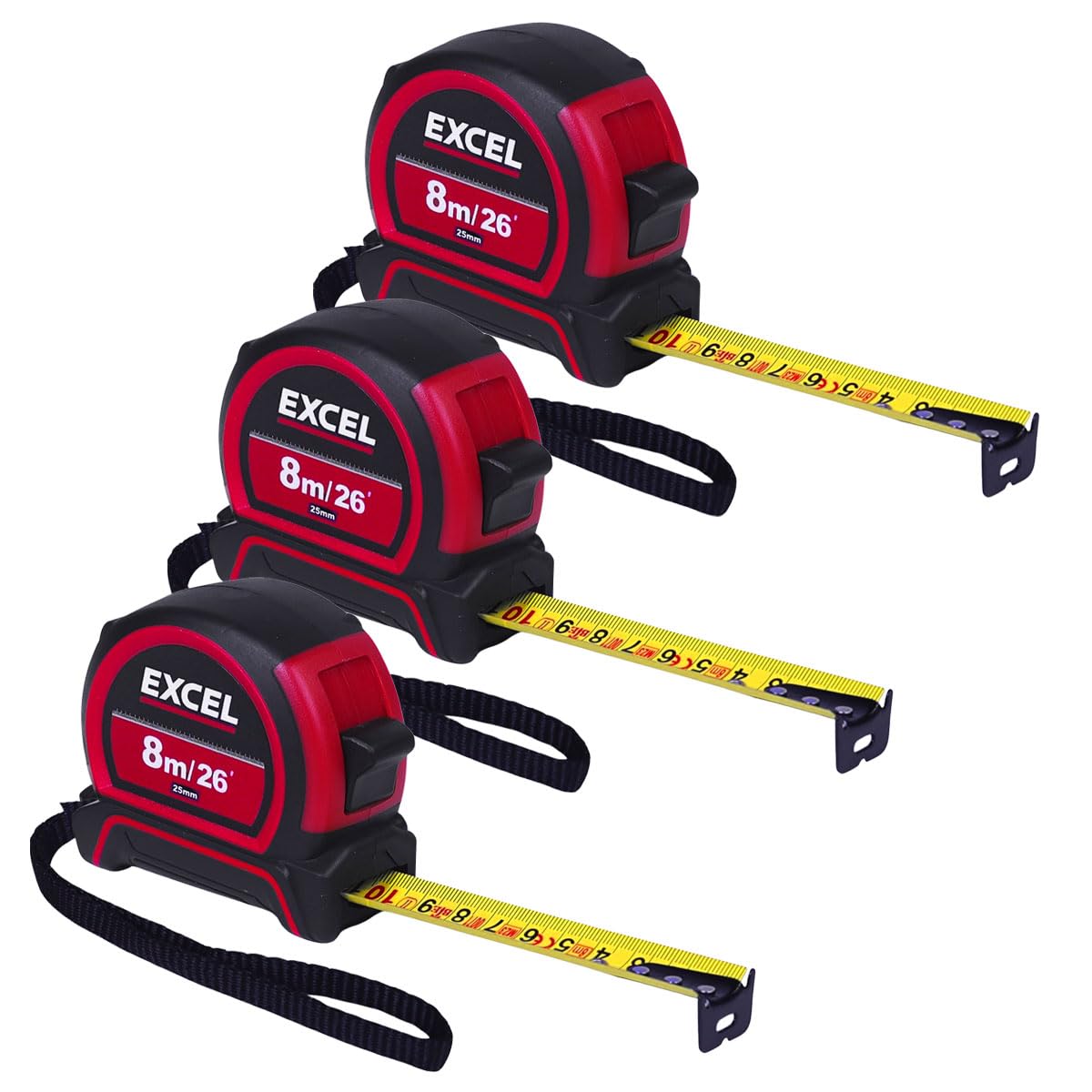 Excel PVC Tape Measure 8m/26ft Pack of 3 – Retractable Measuring Tape ...