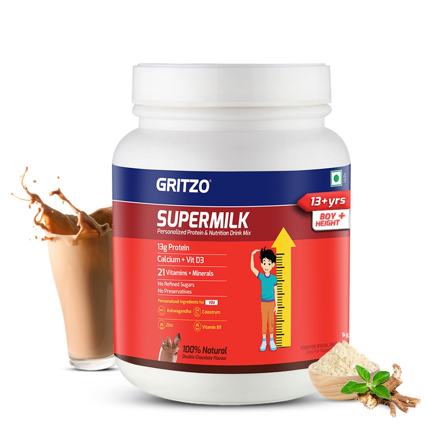 Buy Gritzo SuperMilk Height+ (13+y Boys), 13g Protein (Double Chocolate ...
