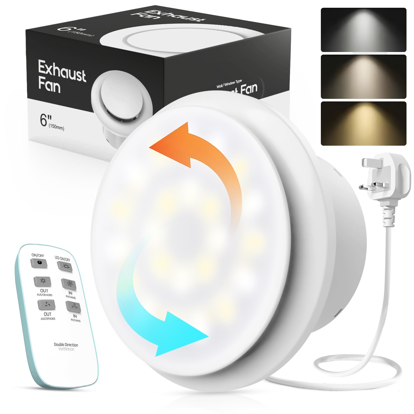 SLUELI 150mm 6″ Bathroom Extractor Fan with 3 LED Lights,Upgraded 2 Way ...