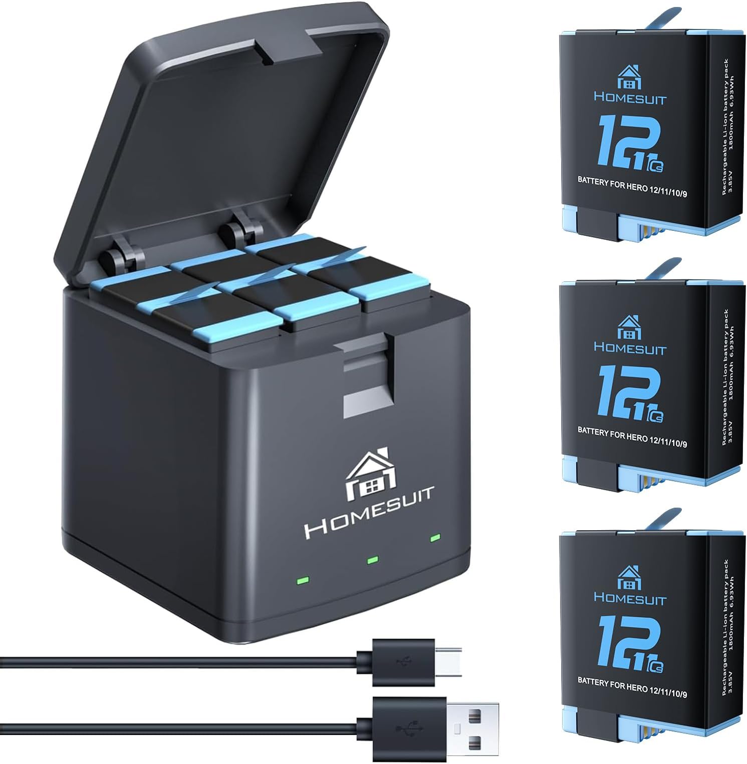 Homesuit Hero 12/11/10/9 Batteries 1800mAh and USB Charger for Gopro ...