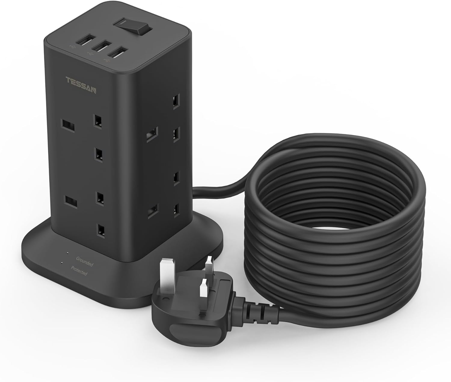Tower Black Extension Lead 5M with 3 USB Slots, TESSAN 8 Way Multi Plug ...