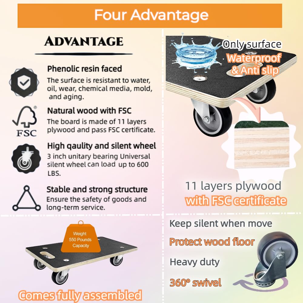 Snapklik.com : Rectangle Wood Platform Dolly 2 Pack, 550-lb Load ...