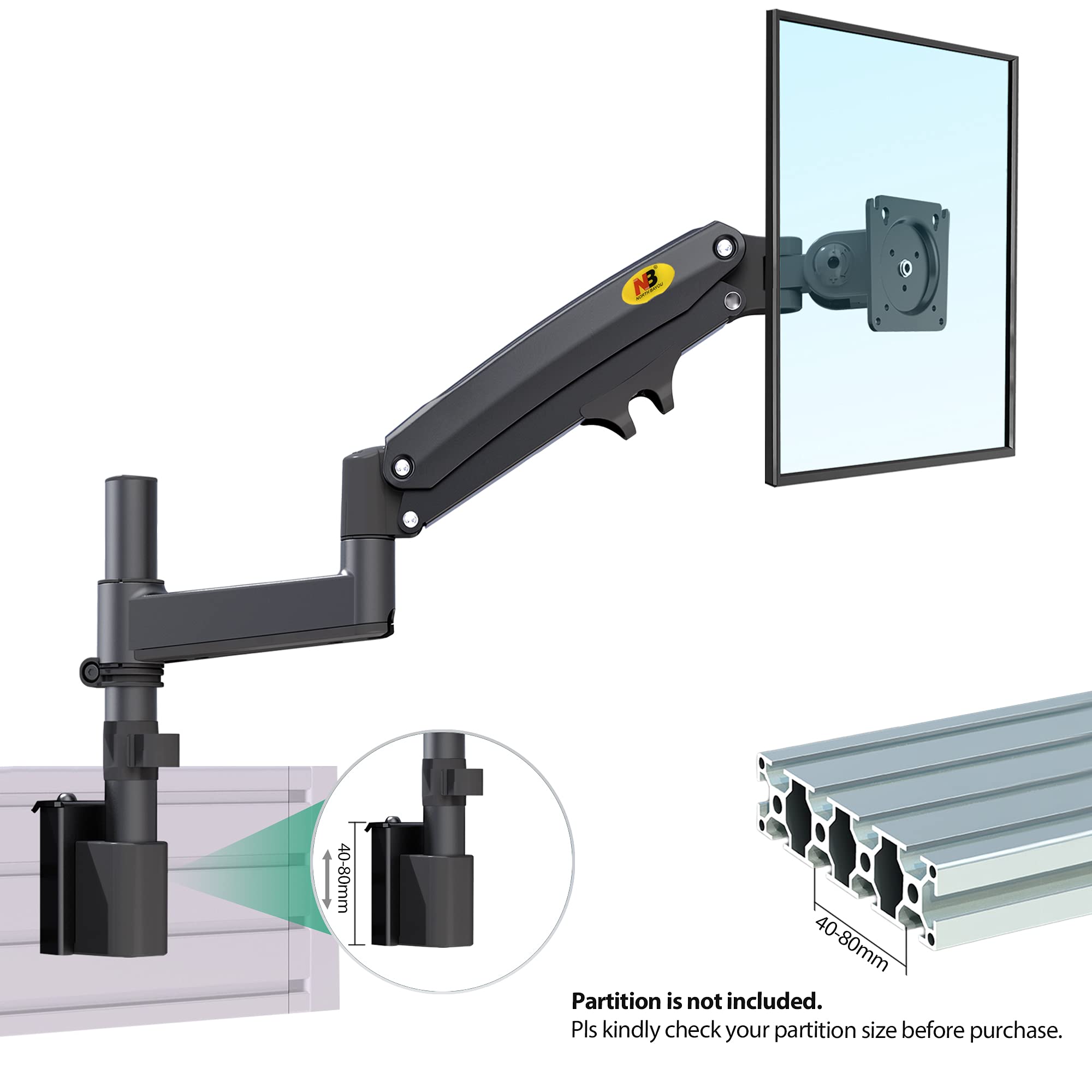 Buy NB North Bayou Partition Rail Mount Full Motion Swivel Monitor Arm ...
