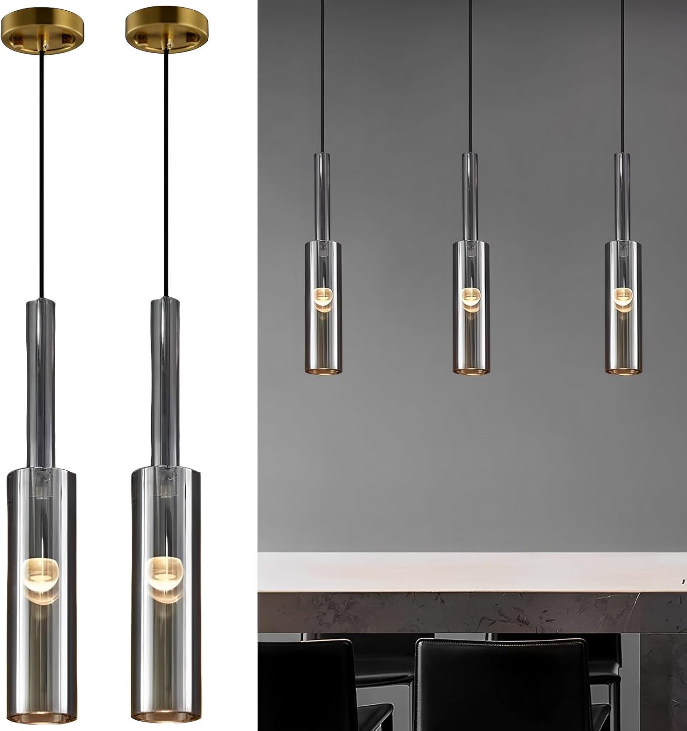 ZTDWYZY Modern Gray Glass Pendant Light 2 Pack Crystal Cylindrical ...