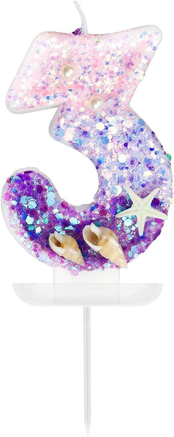 Vanyibro Pink Purple Mermaid Birthday Candle with Sparkling Number 3 ...