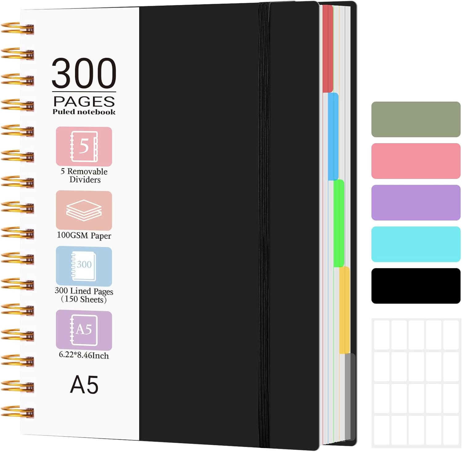 Spiral Notebook, A5 Size 5 Subject Notebooks College Ruled with Tabs ...