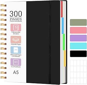 Spiral Notebook, A5 Size 5 Subject Notebooks College Ruled with Tabs ...