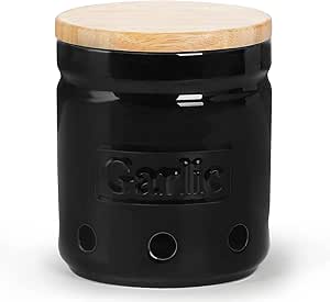 ONTUBE Large Garlic Keeper with Wooden Lid, Ceramic Garlic Holder ...