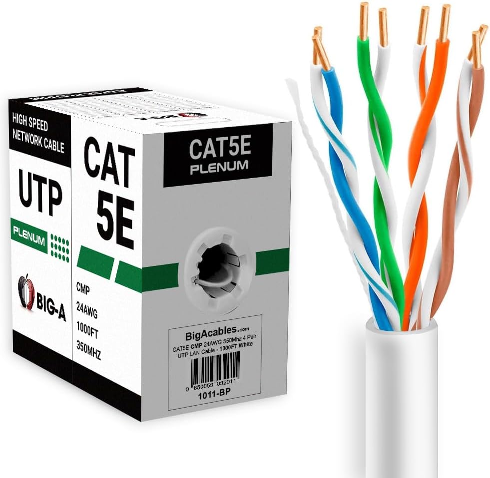 Amazon.com: Big-A - 1000ft Cat5e Plenum Ethernet Cable, White, 350MHz ...