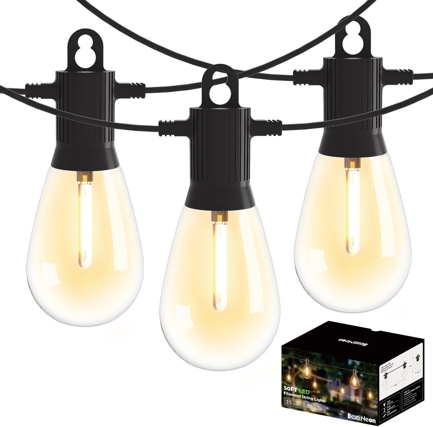 beatineon LED Outdoor String Lights 50Ft Patio Lights with 16 ...