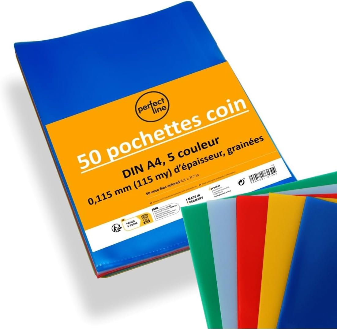 perfect line 50 pochette plastique A4 de classement, 5 couleurs ...
