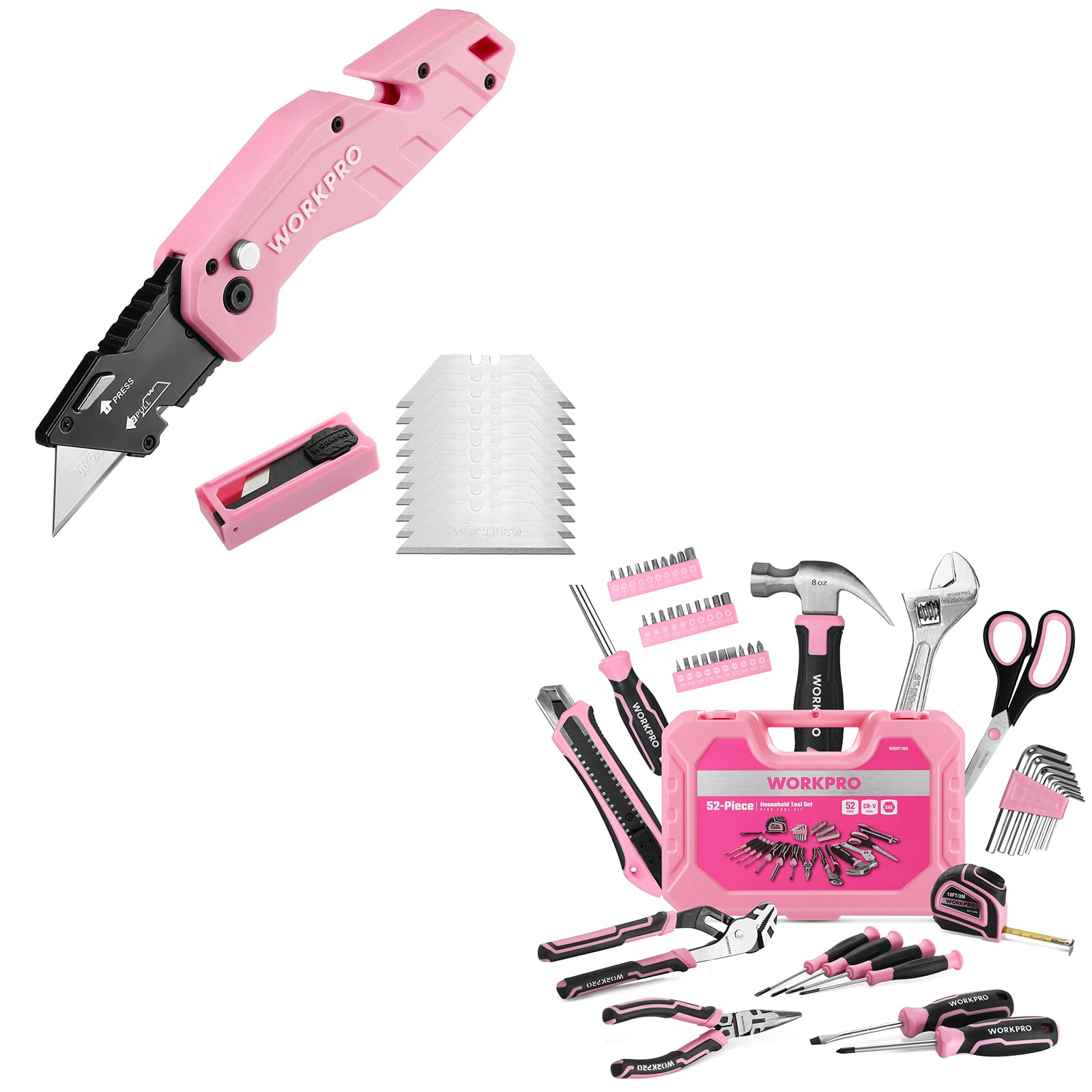 WORKPRO Folding Utility Knife+52-Piece Pink Tools Set for Women ...