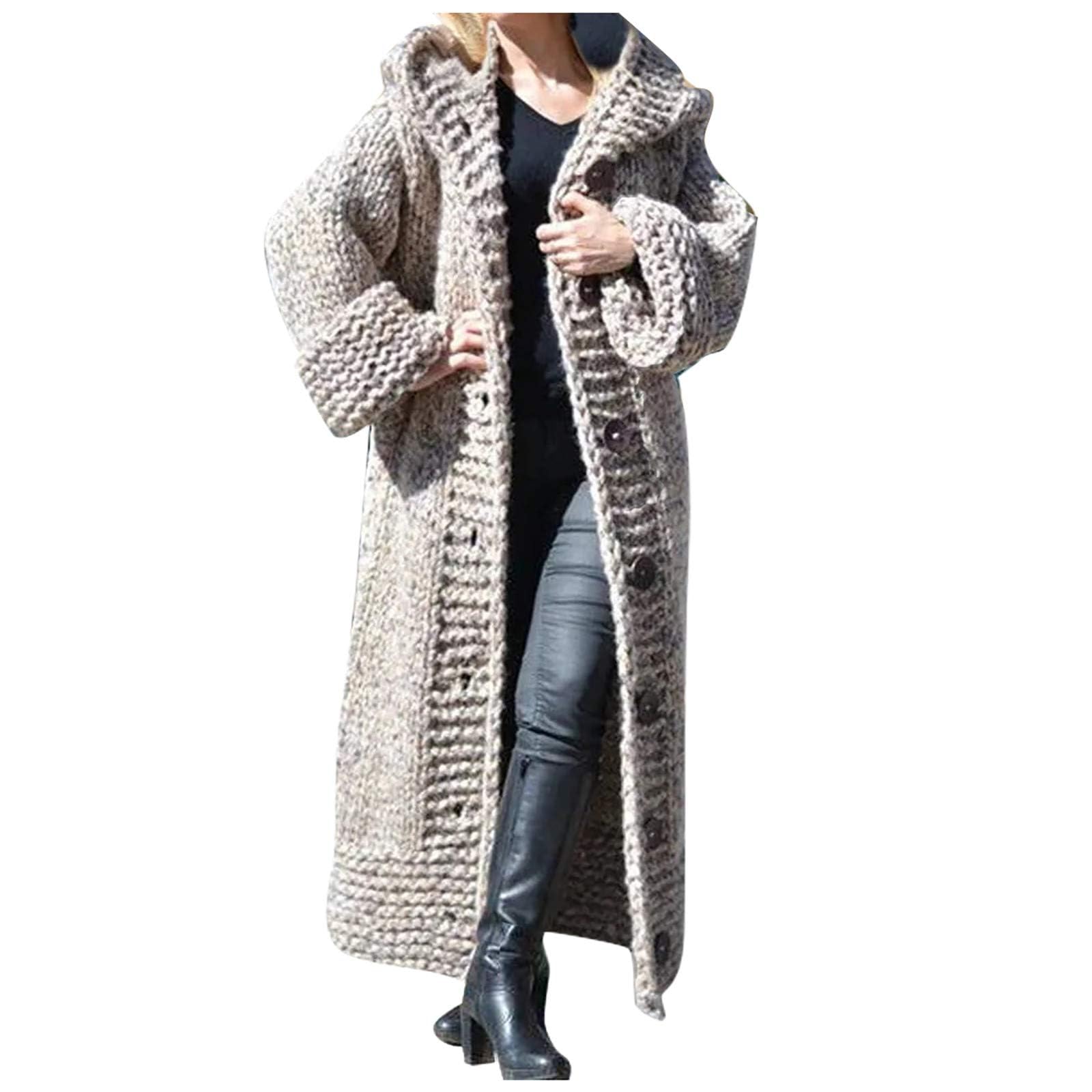 SACFOF Women Hooded Open Front Cardigan Cable Knit Sweaters Winter ...