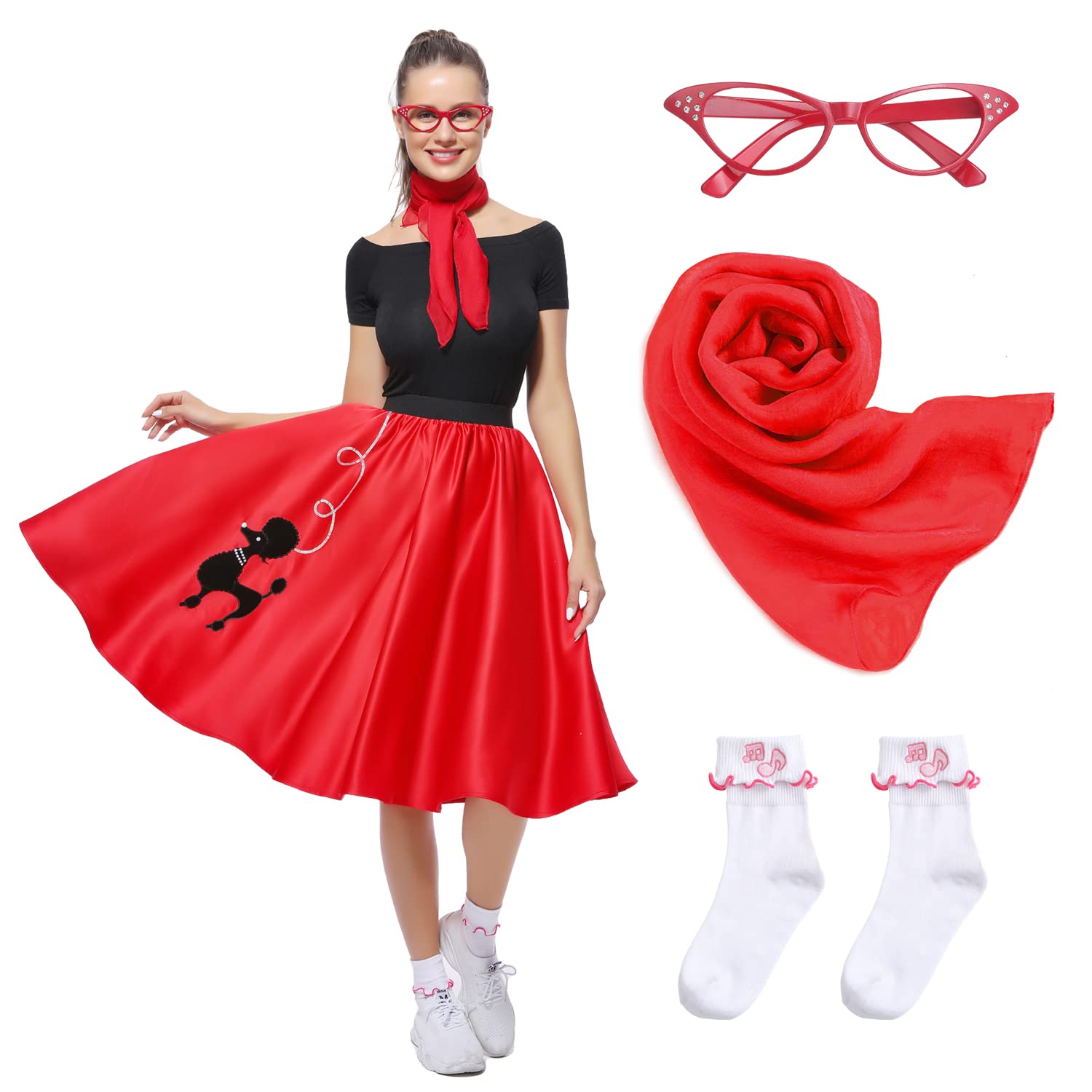 Leadtex Women Sock Hop Costume 1950s Poodle Skirt with Scarf,Glasses ...