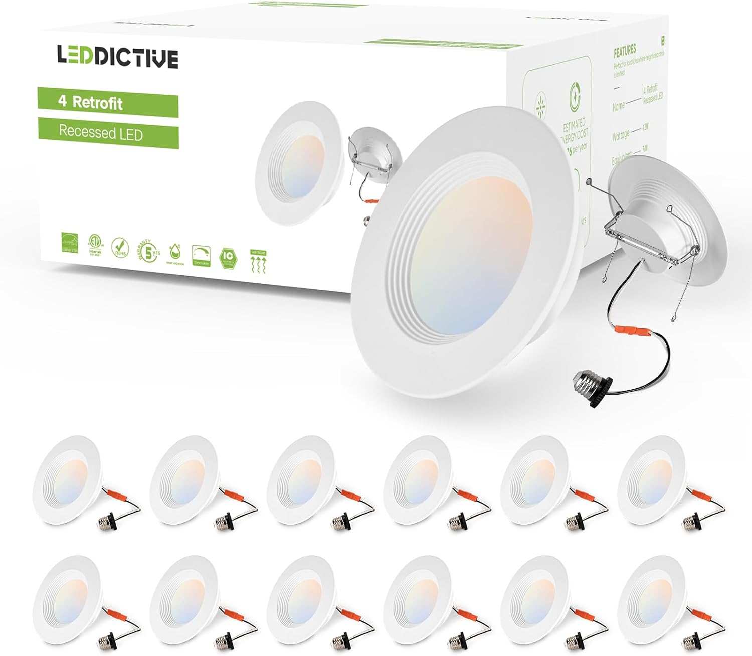 12 Pack 5/6 Inch LED Retrofit Recessed Lighting, 5CCT 6 Inch Can Lights ...