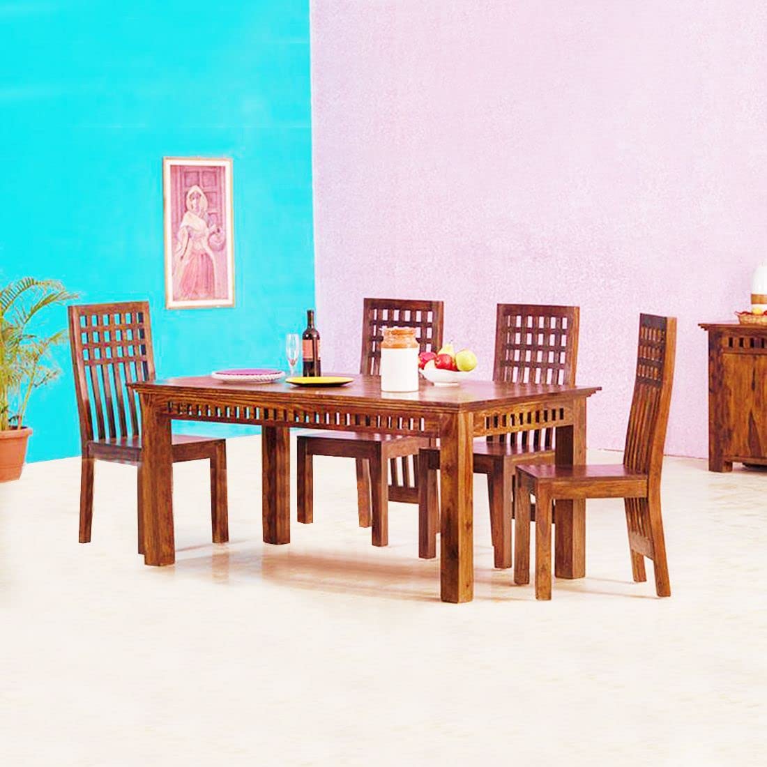 DEVKI INTERIORS Crafter Solid Wooden Dining Table 4 Seater with Chair for Home | 4 Seater Dining ...