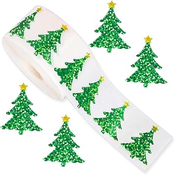 Amazon.com: 500Pcs Christmas Tree Stickers Roll 1.2in Laser Green Pine ...