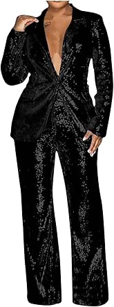 Women's Two Piece Sequin Outfits Sparkly Long Sleeve Suit and Wide Leg ...