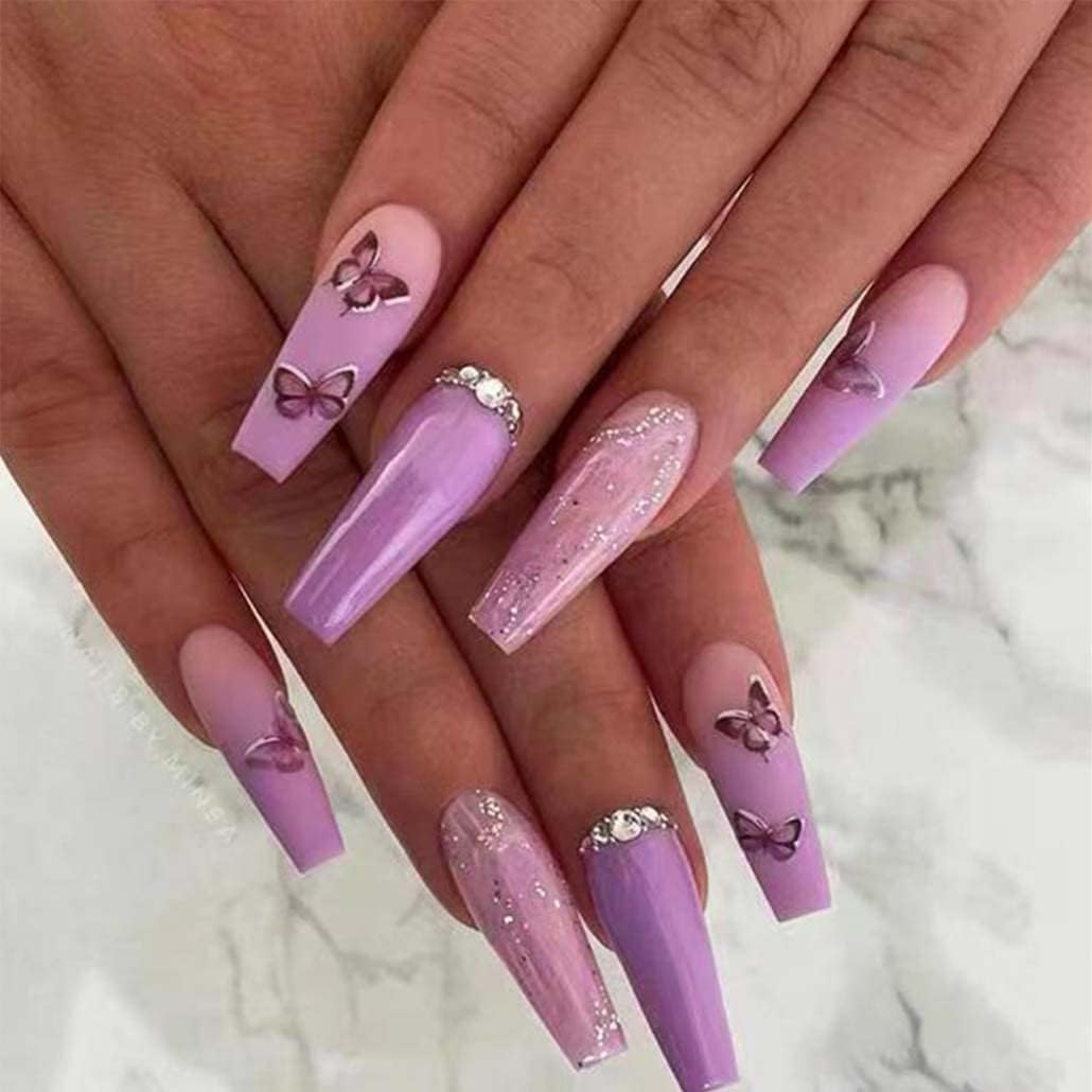 Amazon.com: Foccna Purple Fake Nails Sequins Glitter Acrylic Butterfly ...