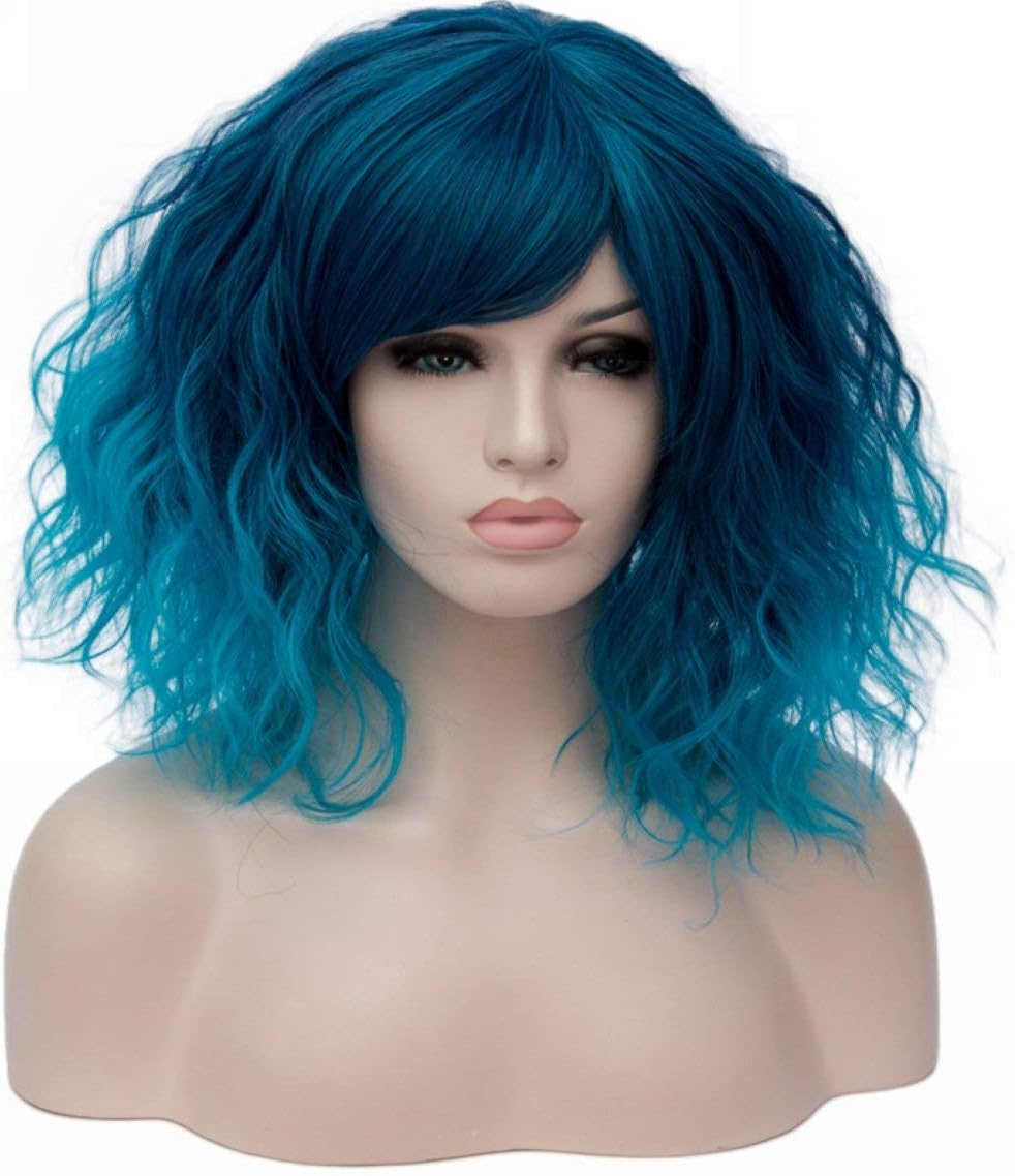 Amazon.com: ONEUSTAR Blue Wig with Bangs Short Wavy Bob Wig Teal Wig ...