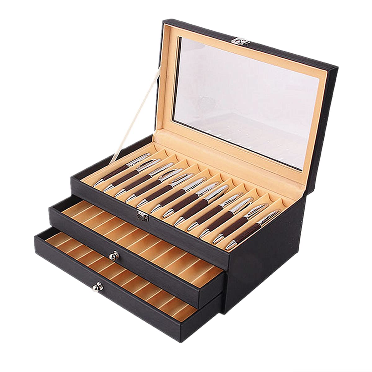 Buy Pen Display Box 3 Layer 36 Piece Black Leather Flannel Pen ...