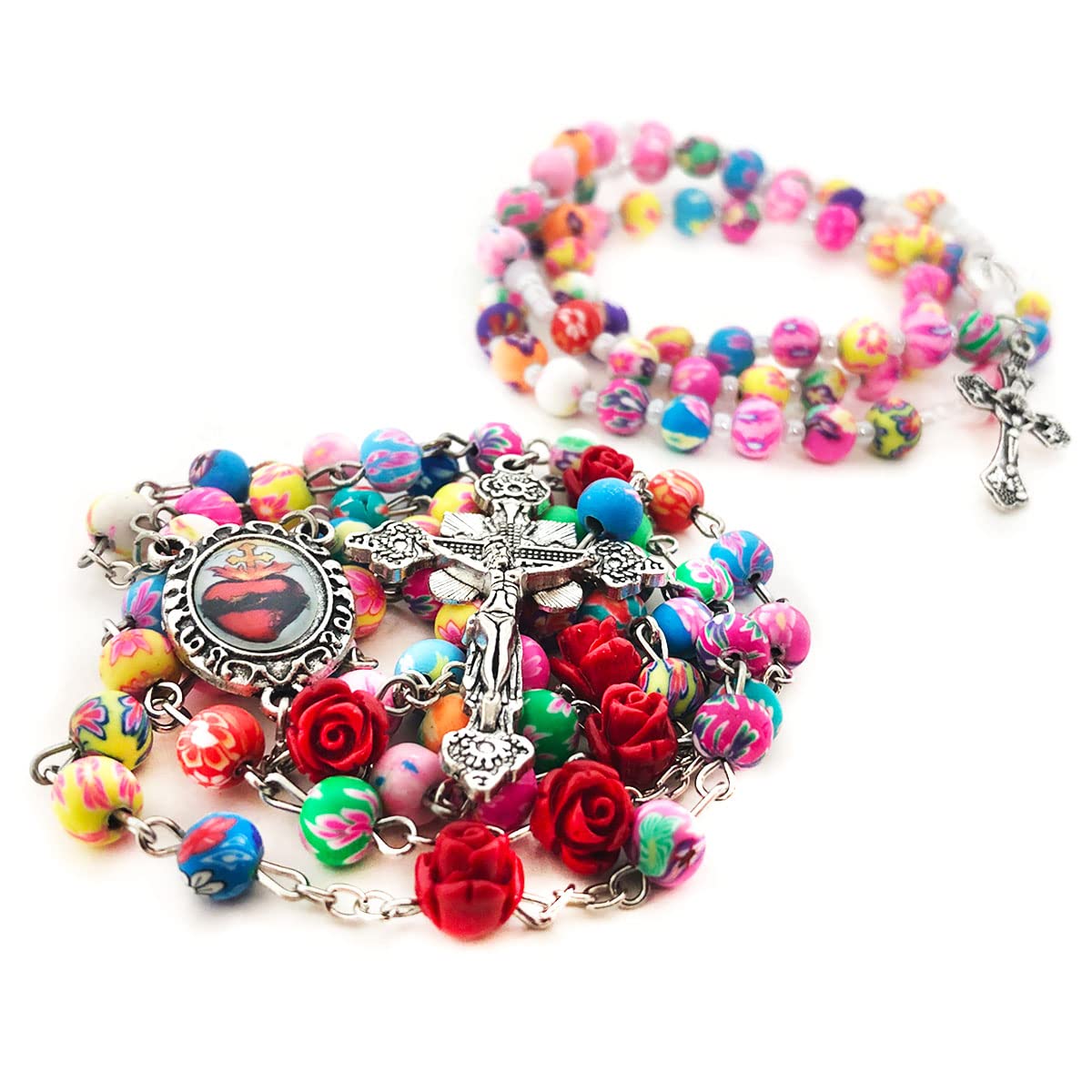 Amazon.com: Sacred Heart Colorful Red Rose Rosary Beads Catholic for ...