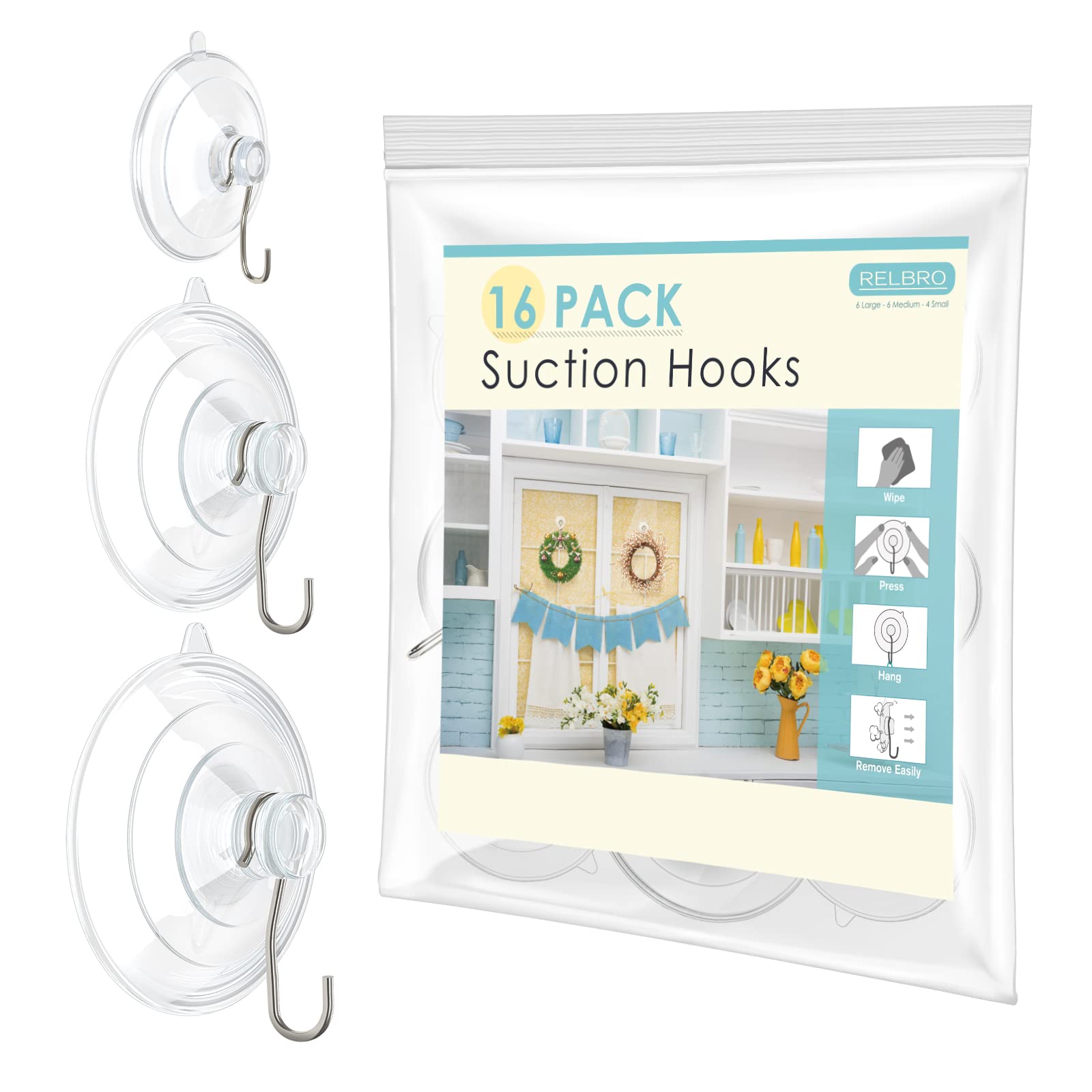 Amazon.com: RELBRO Suction Cup Hooks, 16 Pcs Clear Suction Cups with ...