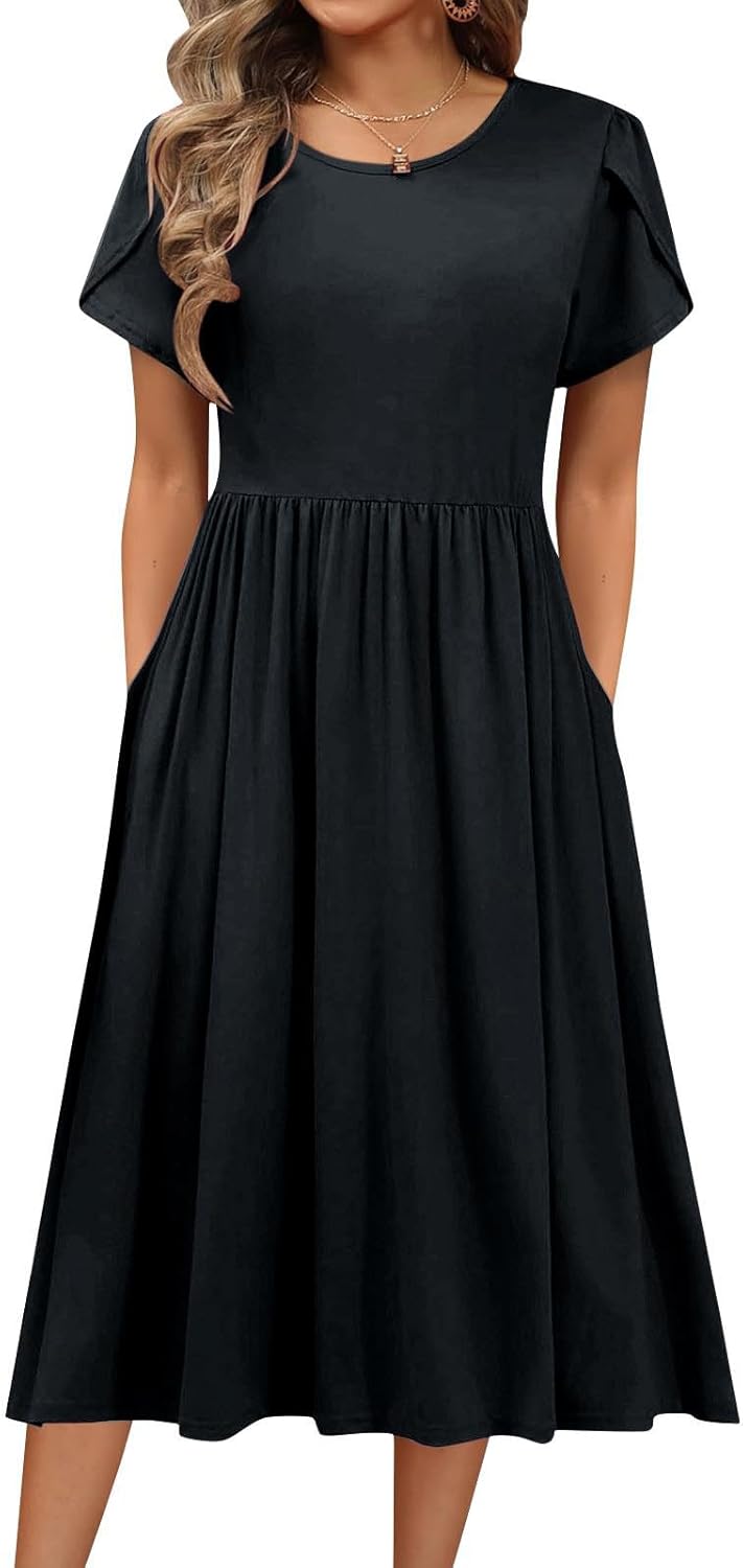 Women's Solid Color Dress 2025 Casual Summer Round Neck Tunic Dress ...