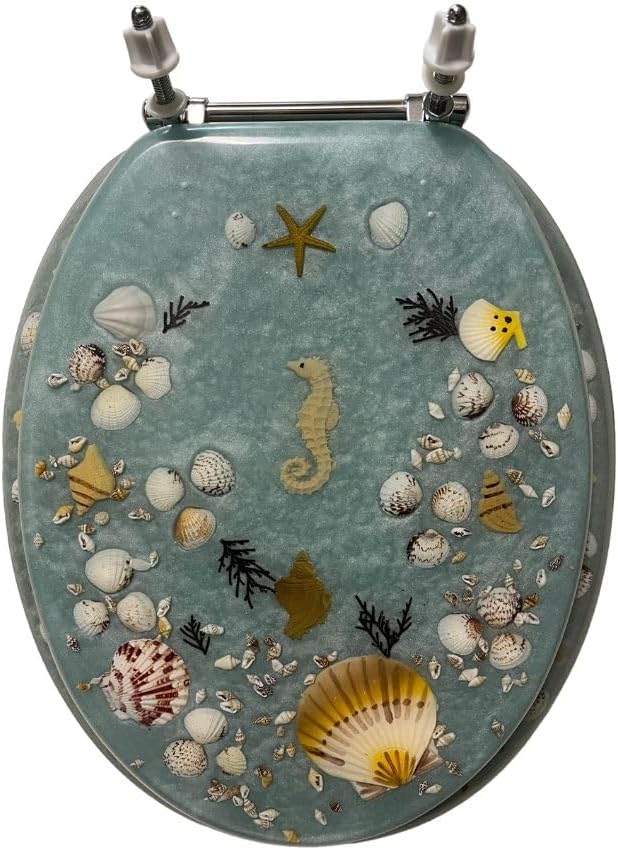 ELONGATED AQUA, LIGHT BLUE SEASHELL and SEAHORSE RESIN TOILET SEAT ...