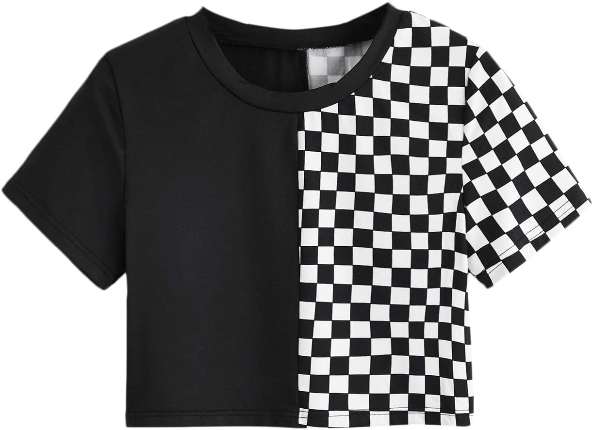 SweatyRocks Women's Short Sleeve Round Neck Plaid Colorblock Tee Shirt ...