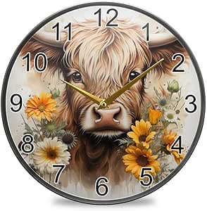 Amazon.com: UMIRIKO Cute Highland Cow Sunflower Clock Silent Non ...