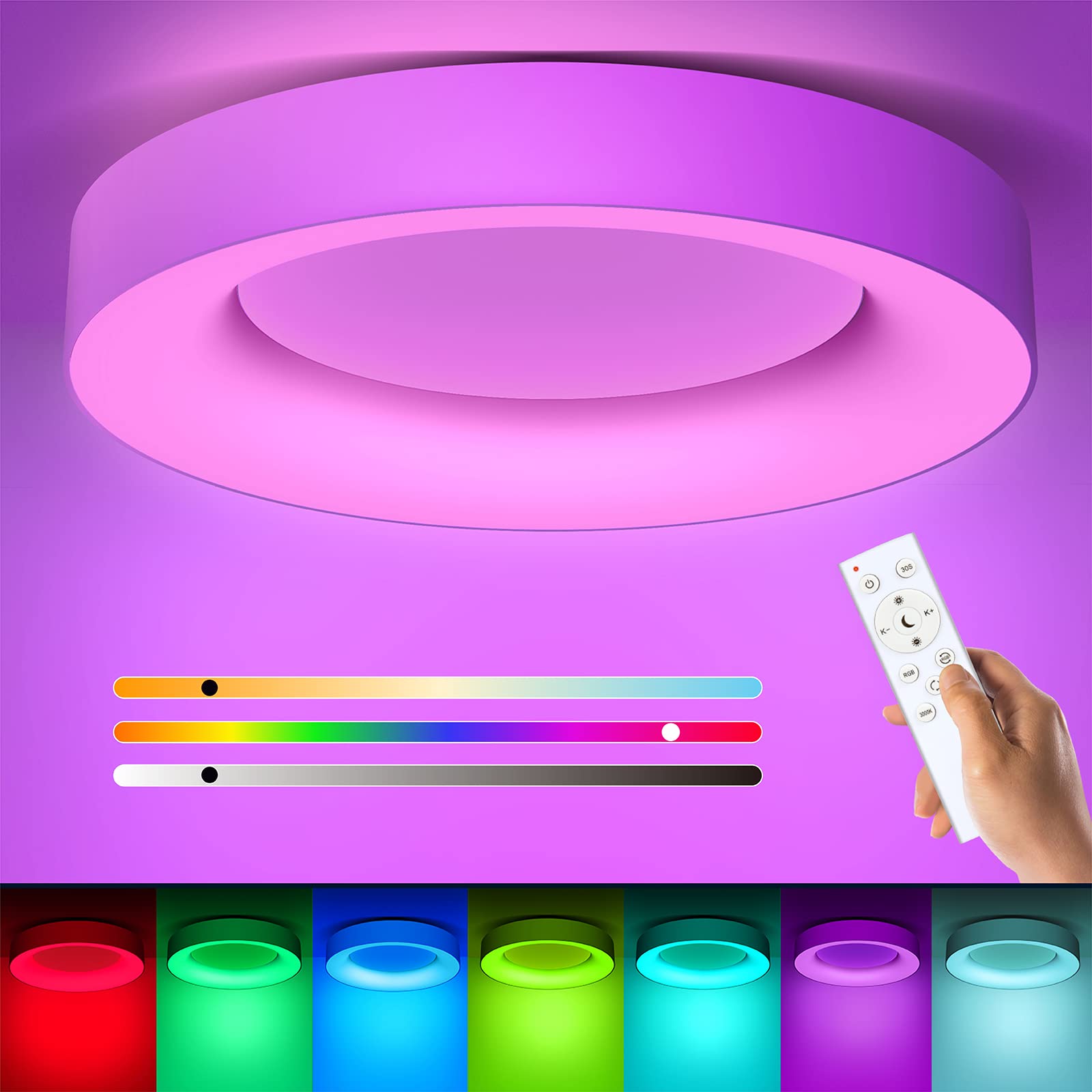 16 Inch RGB Led Flush Mount Ceiling Light with Remote Control, 36W ...