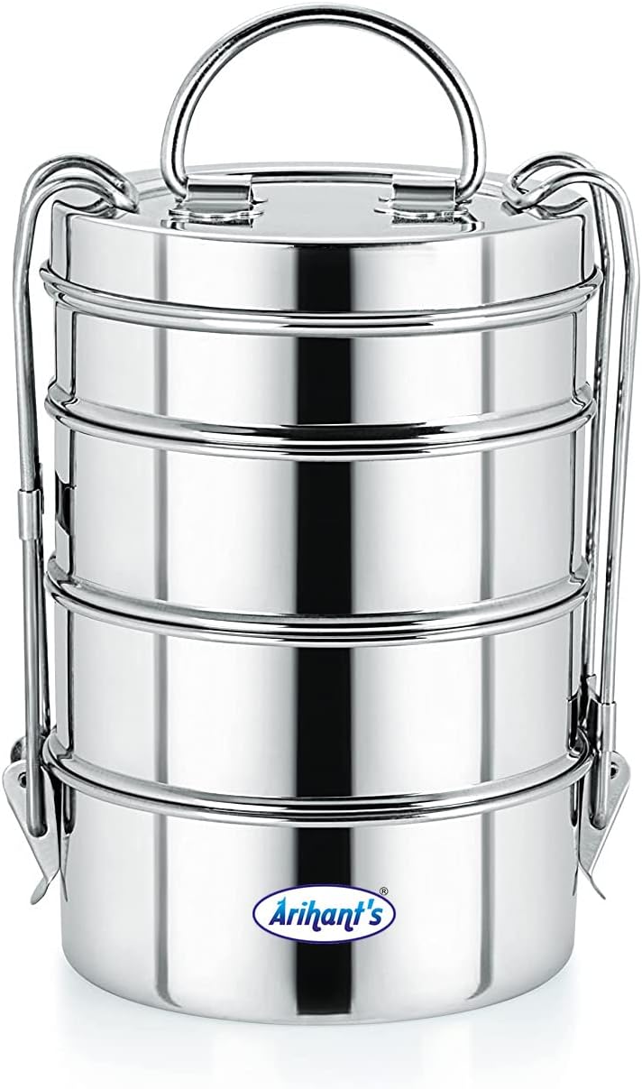 Buy neelam Stainless Steel Four Compartment Tiffin Box with Lid, Silver ...