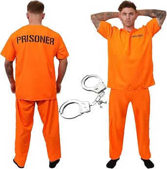 Halloween Costume Adult Orange Prisoner Costume with Handcuff Convict ...