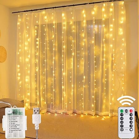 300 LED Curtain Light with Hooks 3mX3m, Fairy String Lights with Timer ...