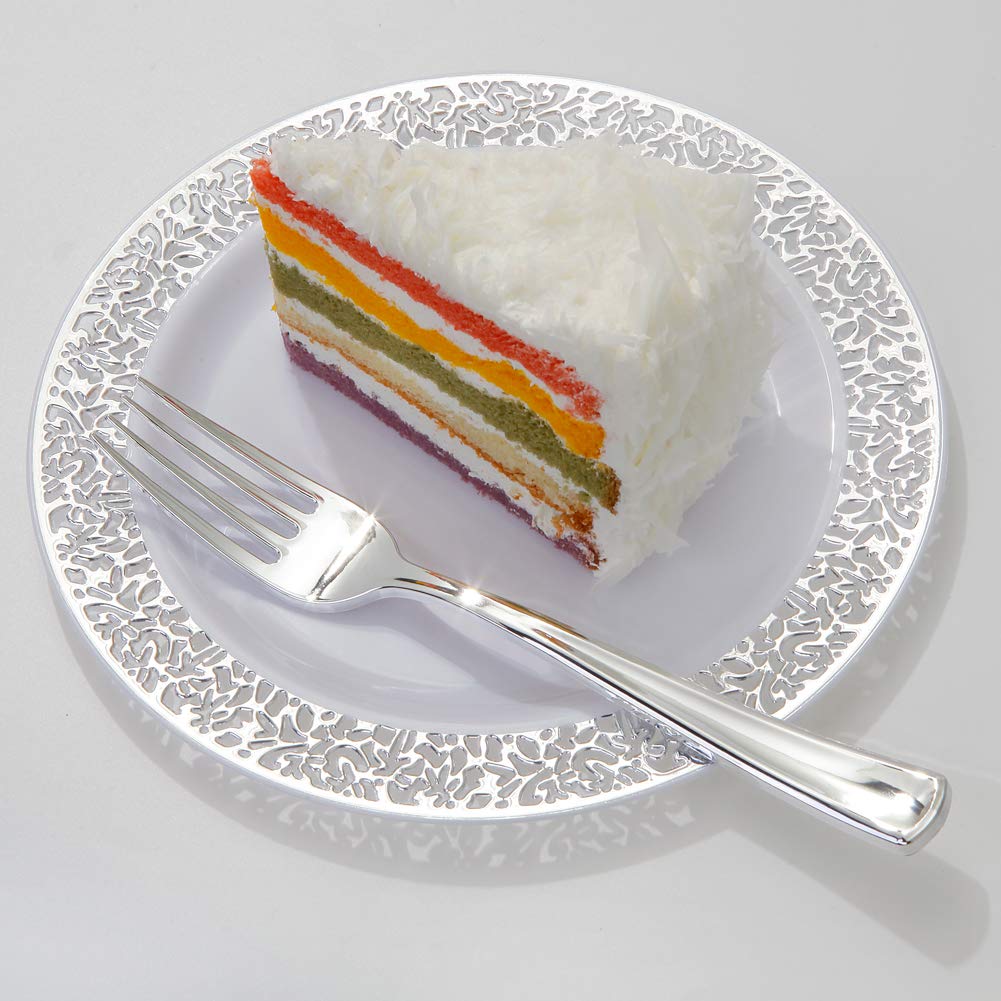 WDF 100pcs Silver Dessert Plates 7.5" with 100 Pieces Disposable Forks ...