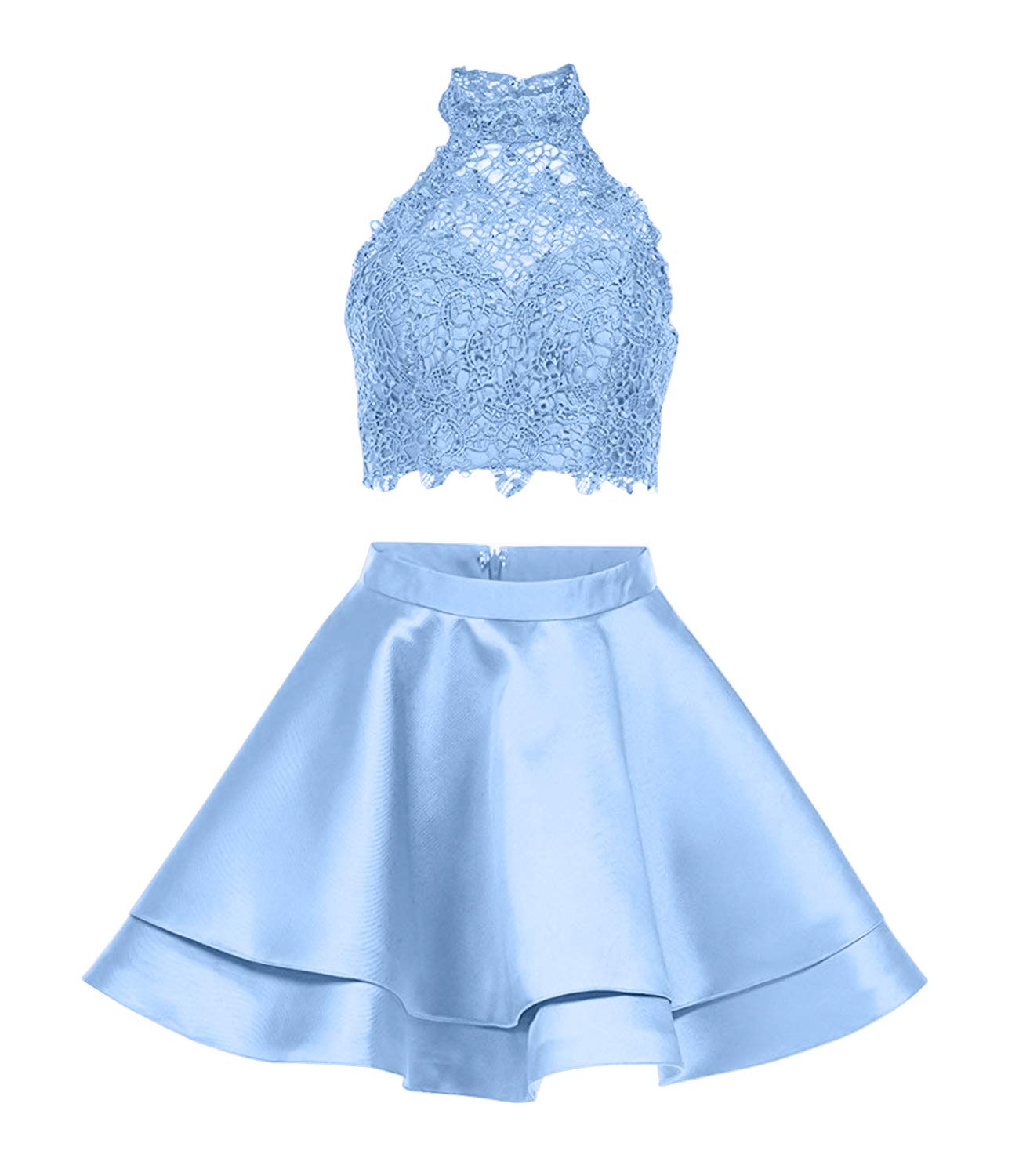 Amazon.com: Women's Satin Lace Halter Short Prom Dress 2 Pieces ...