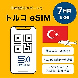 Amazon.co.jp: 【トルコ eSIM】7日間 5GB DeSiM正規卸 | LINE相談受付中 | 当日発行可能 |データ通信専用（電話番号なし） simフリー端末のみ対応 説明書付 ...