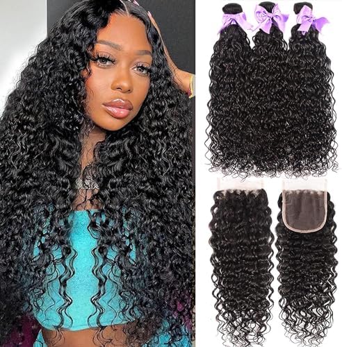 Amazon.com : Bundles with Closure Human Hair Body Wave 12 14 16+10 Inch 100% Unprocessed ...