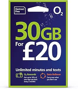 O2 SIM Card UK & EUROPE (ROAM FREE) PAYG £20 Bundle -30GB + Unltd Texts ...
