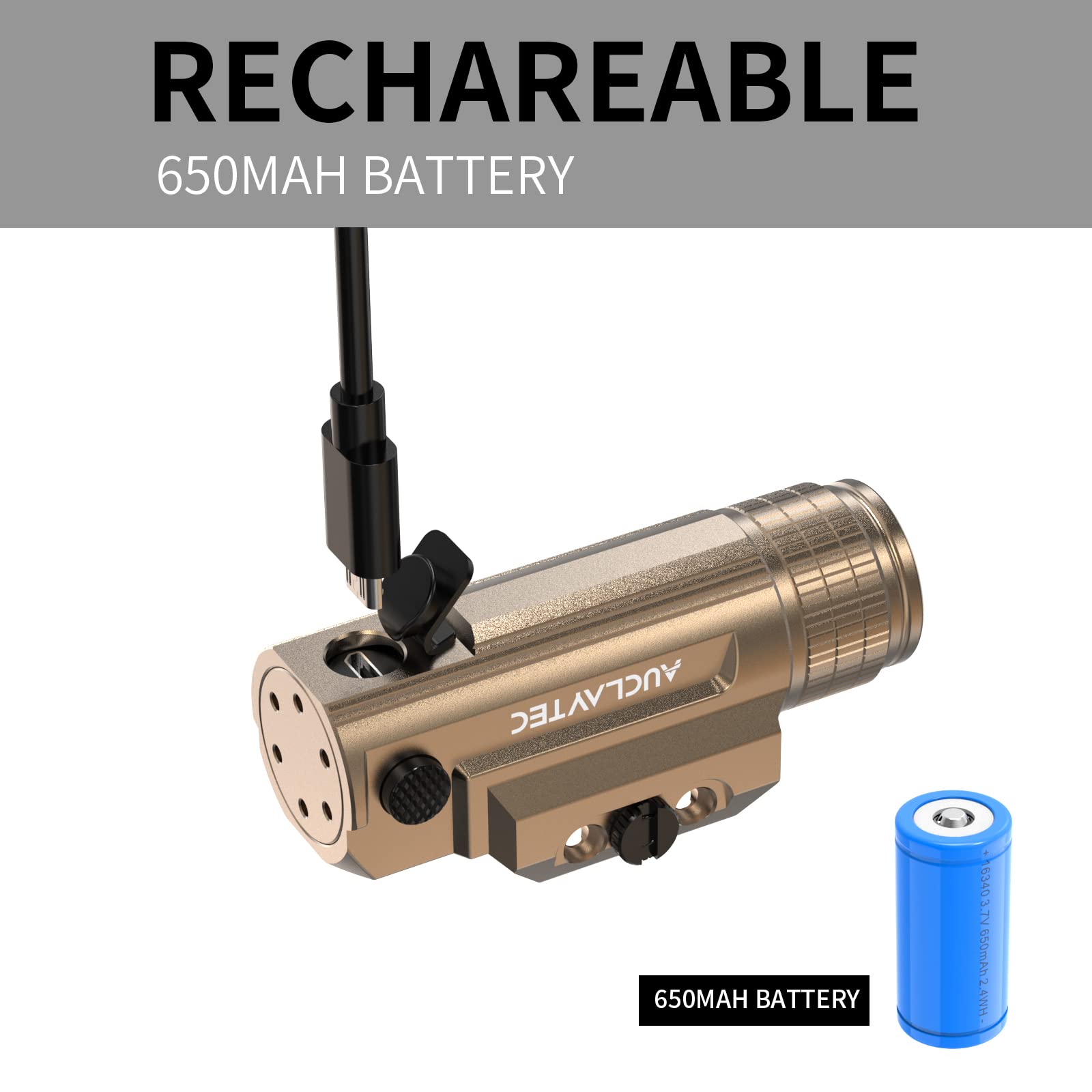 AUCLAYTEC 700 Lumens Rail Mounted Weapon Light USB Rechargeable Compact ...